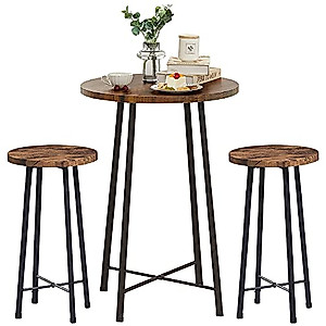 VECELO 3 Piece Pub Set, Round Bistro bar Table and Chairs Set of 2, Counter Height Wood top,Small Spaces Saving for Dining Room Breakfast, Classic Brown