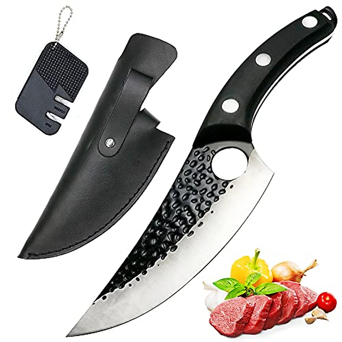 NWESTUN Viking Knife Hand Forged Boning Knife with Sheath & Pocket Knife Sharpener High Carbon Steel Meat Caveman Knife Multipurpose Chef Knives for Camping, Outdoor, Deboning, BBQ