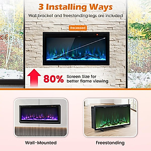 COSTWAY Electric Fireplace 36-Inch Wide, 9 Flame Color, 5-Level Brightness, 8H Timer, Thermostat, Wall-Mounted Freestanding and Recessed Linear Fireplace Heater with Crystal Decor and Log, 750W/1500W