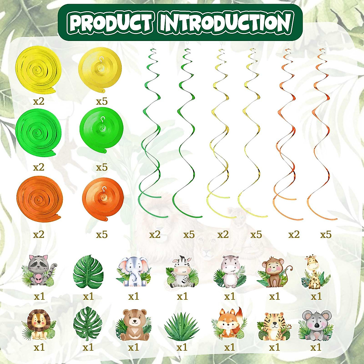 35Pcs Jungle Animals Hanging Swirl Wild One Party Birthday Decor Jungle Safari Animal Themed Wild One Birthday Party Swirls Streamers Supplies for Baby Shower Decorations