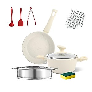 NICOMOW Kitchen Utensils Basic Kitchen Utensils,Non-Stick Coating Inside,Non-Slip Handles,Heat Resistant Lacquer (Set of 9),Easy to Clean,White