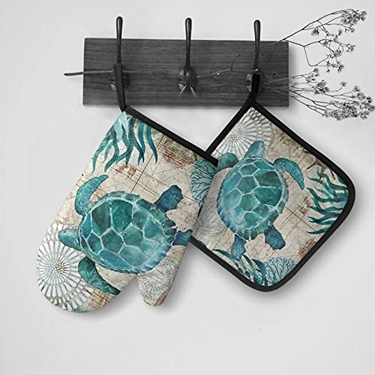 Blue Sea Turtle Nautical Map Area Oven Mitts Pot Holders Sets Heat Resistant Insulated 356°F/180℃ Non-Slip Waterproof Gloves Hot Pads Potholders for Kitchen Decorative Cooking Baking Grilling BBQ