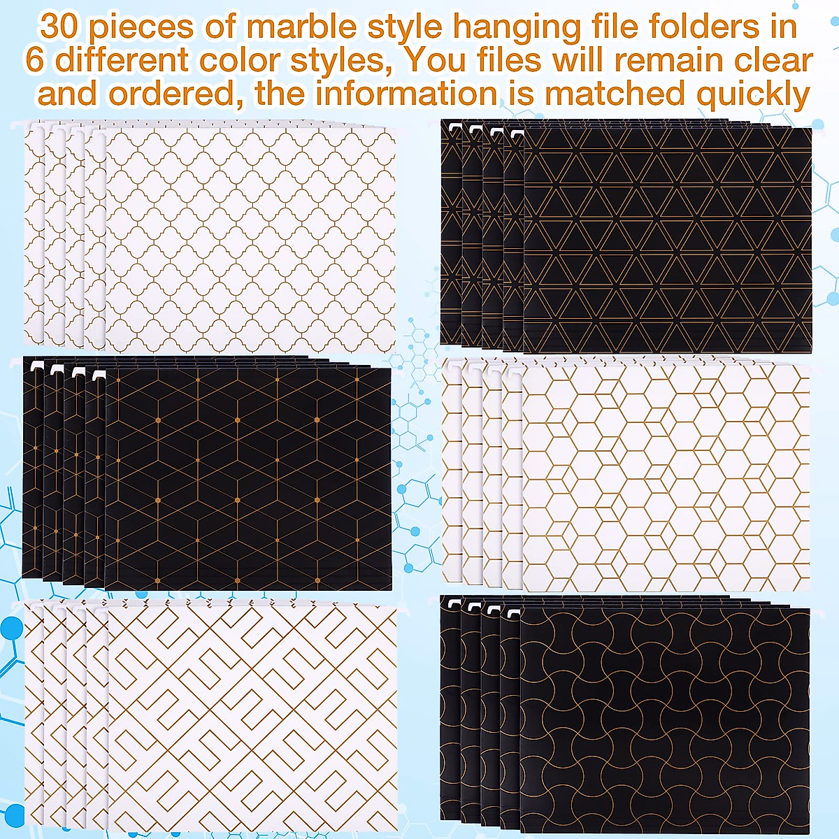Supervitae 30 Pcs Hanging File Folders for Filing Cabinet Letter Size File Folders Geometric Aesthetic Marble File Cabinet Organizer Decorative File Folders for Office Classroom Supplies, 6 Styles