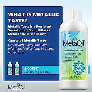MetaQil Oral Rinse, Relieve Metallic, Bitter and Other Taste Disorders, Made from Natural Ingredients, Cools and Freshens Breath, 8 oz Bottle, 2 Count. Contains A Free Ilios Travel Cup