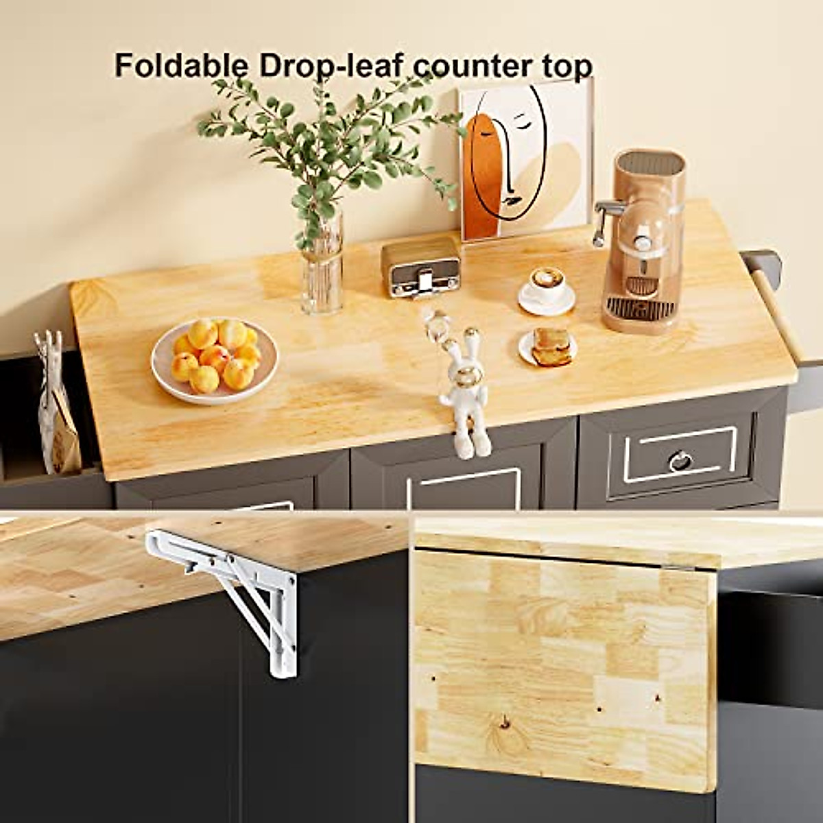 Qsun Kitchen Island with Storage on Wheels with Drop Leaf, Kitchen Island Cart with Rubber Wood Top, Large Storage Cabinet, Three Large Drawers, Side Towel Rack and Spice Rack (Black)