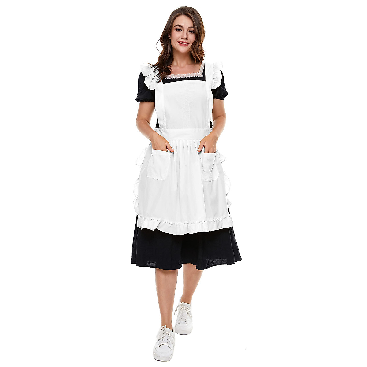 LilMents Retro Adjustable Ruffle Apron with Pockets, Small to Plus Size Ladies (White)