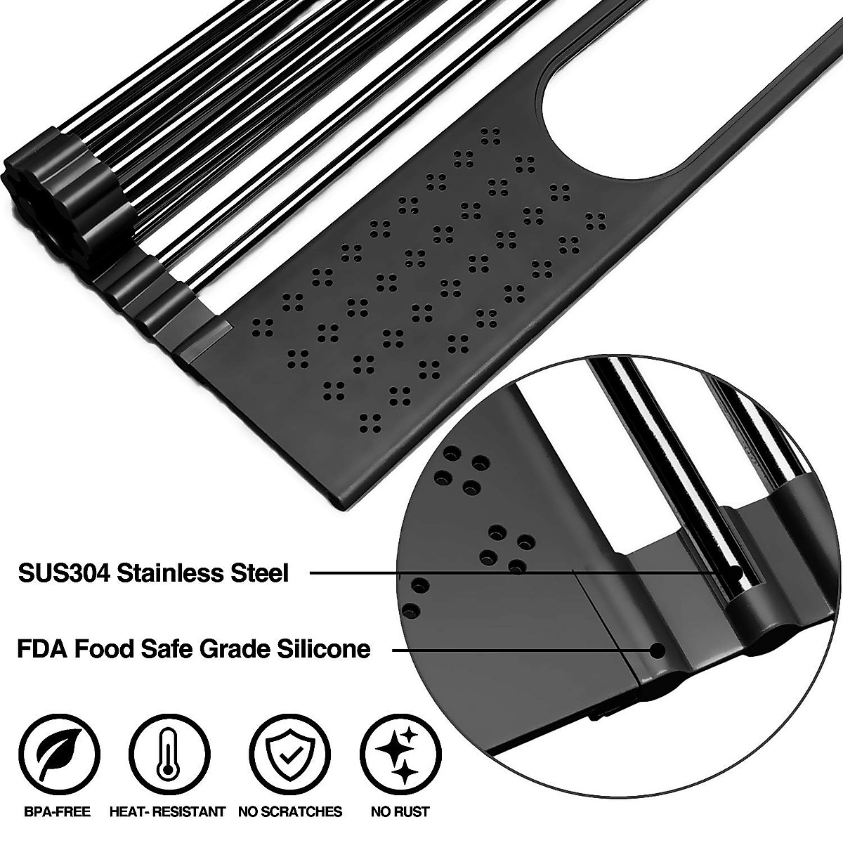 koroda Roll Up Dish Drying Rack Over The Sink: SUS304 Stainless Steel Dish Drainer with Utensil Holder for Kitchen Sink (17.3" × 11", Black)