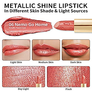 Oulac Metallic Coral Pink Lipstick for Women, High Impact Lipcolor, Lightweight Soft and Hydrating, Vegan & Cruelty-Free, Full-Coverage Lip Makeup 4.3 g/0.15 oz, Nemo Go Home(06)
