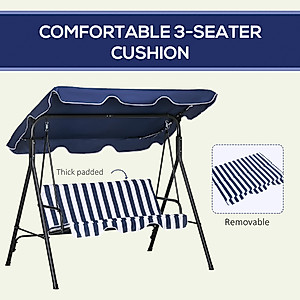 Outsunny 3-Seat Outdoor Patio Swing Chair with Removable Cushion, Steel Frame Stand and Adjustable Tilt Canopy for Patio, Garden, Poolside, Balcony, Backyard, Dark Blue