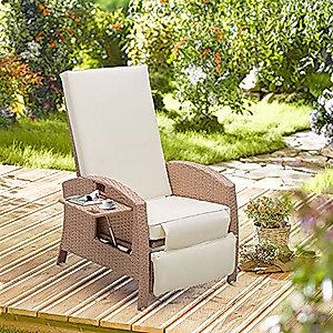 Outsunny Patio Recliner, Outdoor Reclining Chair with Flip-Up Side Table, All-Weather Wicker Metal Frame Chaise with Footrest, Cushions, Beige