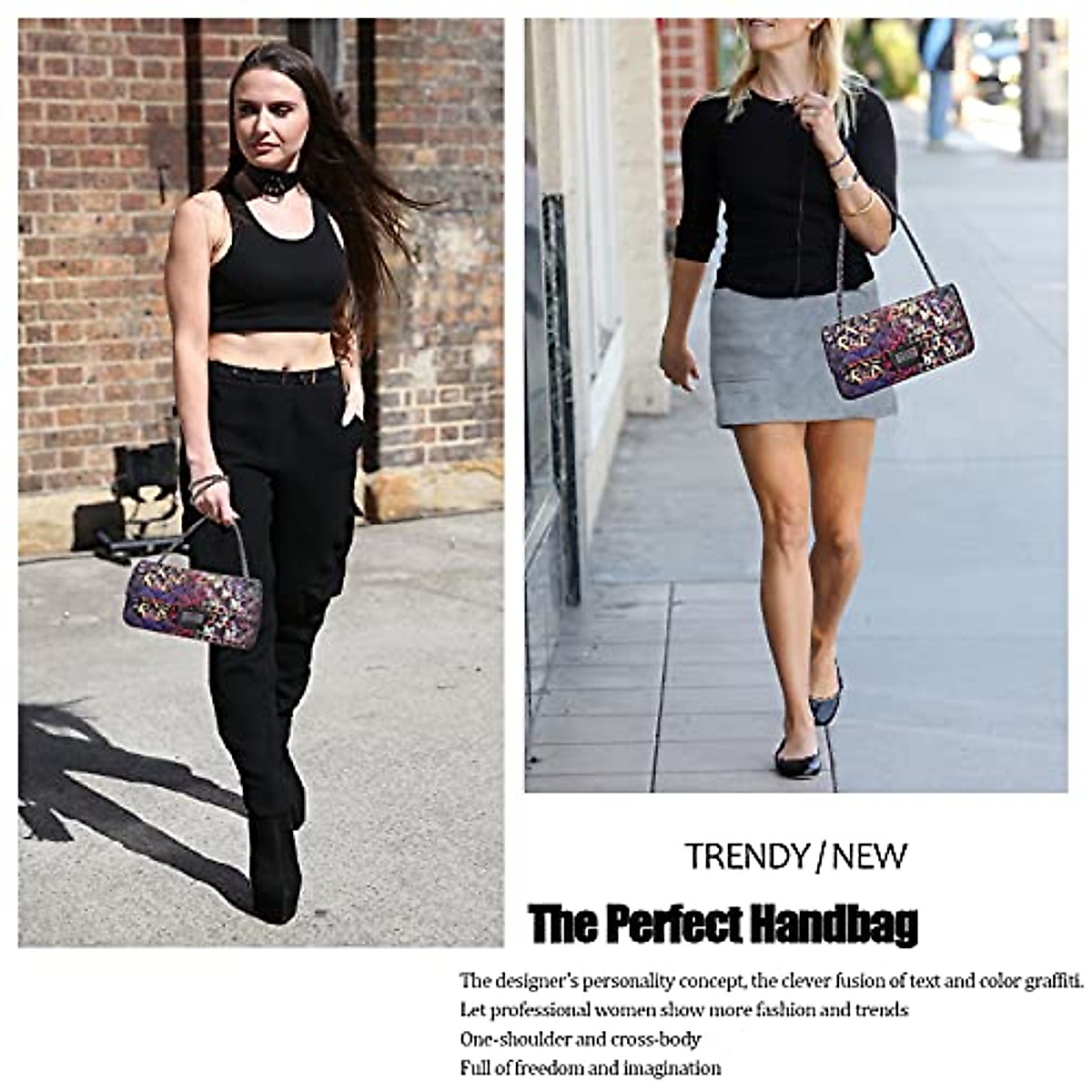 Scioltoo Clutch Purses for Women Crossbody Cute Fashion Leather Satchel Bright Rainbow Multicolor Neon Shoulder Bags Graffiti Handbag with Zipper and Long Strap Black