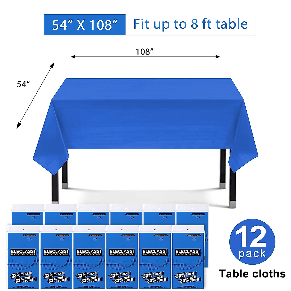 Eleclassi Royal Blue 12 Pack Premium Disposable Plastic Tablecloth 54 x 108 Inch - Waterproof Disposable Tablecloth for Rectangle Tables Up to 8 Feet in Length - Plastic Table Cloth Disposable