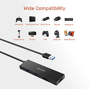 Case of 120, Alxum USB 3.0 Extension Hub 4-Port, USB Hub Long Cord 4ft with MicroB Power Port, USB Data Hub for Desktop PC, MacBook, Surface Pro, XPS, Flash Drive, Mobile HDD, Printer -Black