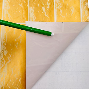 Yifasy 29.5 feet Roll Gold Bricks Shelf Liner Self-Adhesive Wallpaper Yellow Drawer Cover Paper Wall Furniture Protect Film (L-354.3x17.7 Inch)