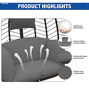 ALAULM Egg Swing Chair Outdoor Indoor Wicker Rattan Hanging Chair with Stand 350lbs Capacity w/Strong Frame & Grey Cushions for Patio Balcony Bedroom