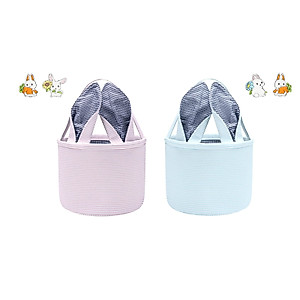 GFU Easter Bunny Basket with 2pcs Stickers,Seersucker Eggs Hunt Bag with Handle for Kids, Pink Children Easter Tote Bags,Rabbit Ears Stripe Bag for Boys and Girls to Carry Candy Gift, Easter Egg