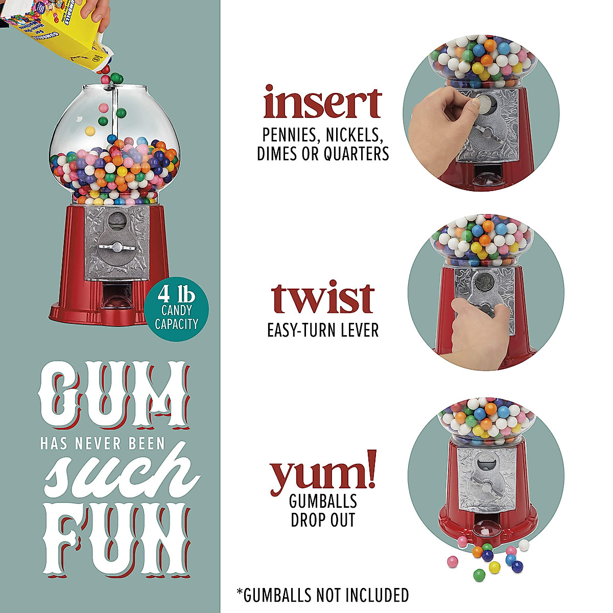 Gumball Machine - 15 Inch Candy Dispenser with Stand for 0.62 Inch Bubble Gumball - Heavy Duty Red Metal with Large Glass Bowl - Easy Twist-Off Refill - Free or Coin Operated - by The Candery