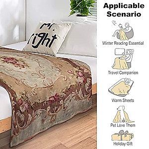 Antique Rose Floral French Aubusson Rug Flannel Fleece Throw Blankets 50"X40" Lightweight Fluffy Winter Fall Blanket Cozy Soft Fuzzy Plush Home Decor for Couch Bed Sofa Bedroom Living Room Travel