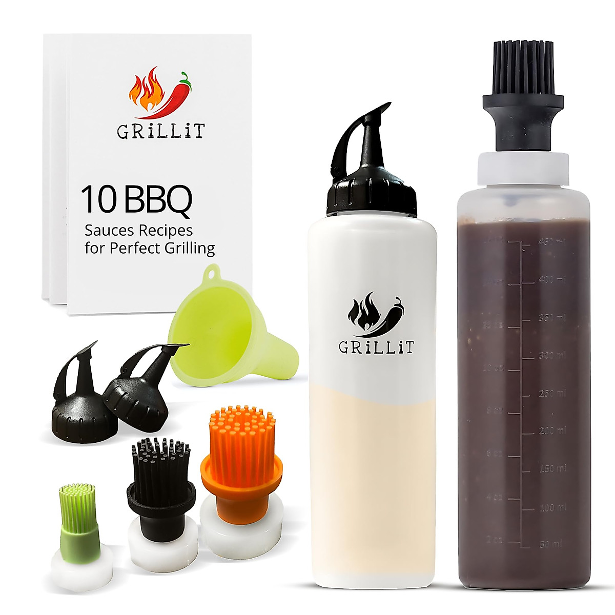 Sauce Basting Bottle Set for Grilling with 3 Silicone BBQ Basting Brush Caps & 2 Squeeze Caps - Squeeze Bottles for Sauces with Applicators, Storage Caps & Funnel - Condiment Sauce Dispenser