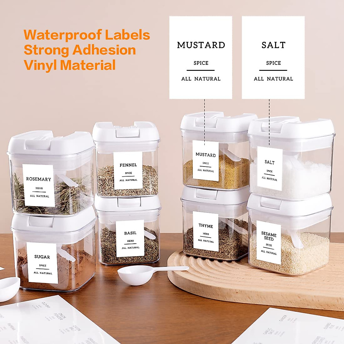 XOTAISM Seasoning Containers with Labels - 9 Pcs Big Plastic Spice Storage Containers with 148 Spice Labels and 9 Spoons - Square Stackable Kitchen Small Airtight Food Storage Containers with Lids