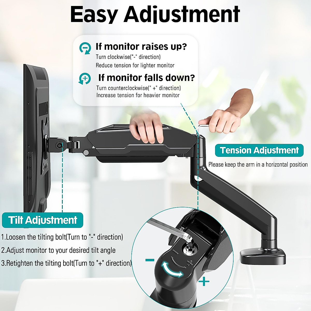 MOUNT PRO Single Monitor Desk Mount - Articulating Gas Spring Monitor Arm, Removable VESA Mount Desk Stand with Clamp and Grommet Base - Fits 13 to 32 Inch LCD Computer Monitors, VESA 75x75, 100x100