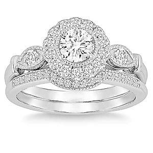 Vintage Wedding Ring Set for Women White Gold 1 Carat Center Moissanite Bridal Sets Wedding Rings Engagement Ring Set Platinum Plated Silver Anniversary Promise Rings for Her with Text Engraving（size 6.5)