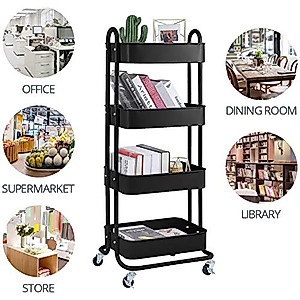 4-Tier Metal Mesh Utility Rolling Cart Storage Organizer Shelf Rack with Lockable Wheels for Living Room Kitchen Office, Black