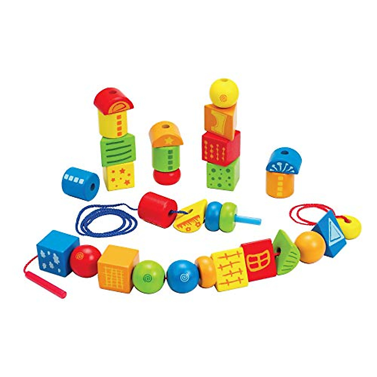 Hape String-Along Shapes | Classic 32 Piece Wooden Block Stacking Game, Multi-Colored Lacing Toy