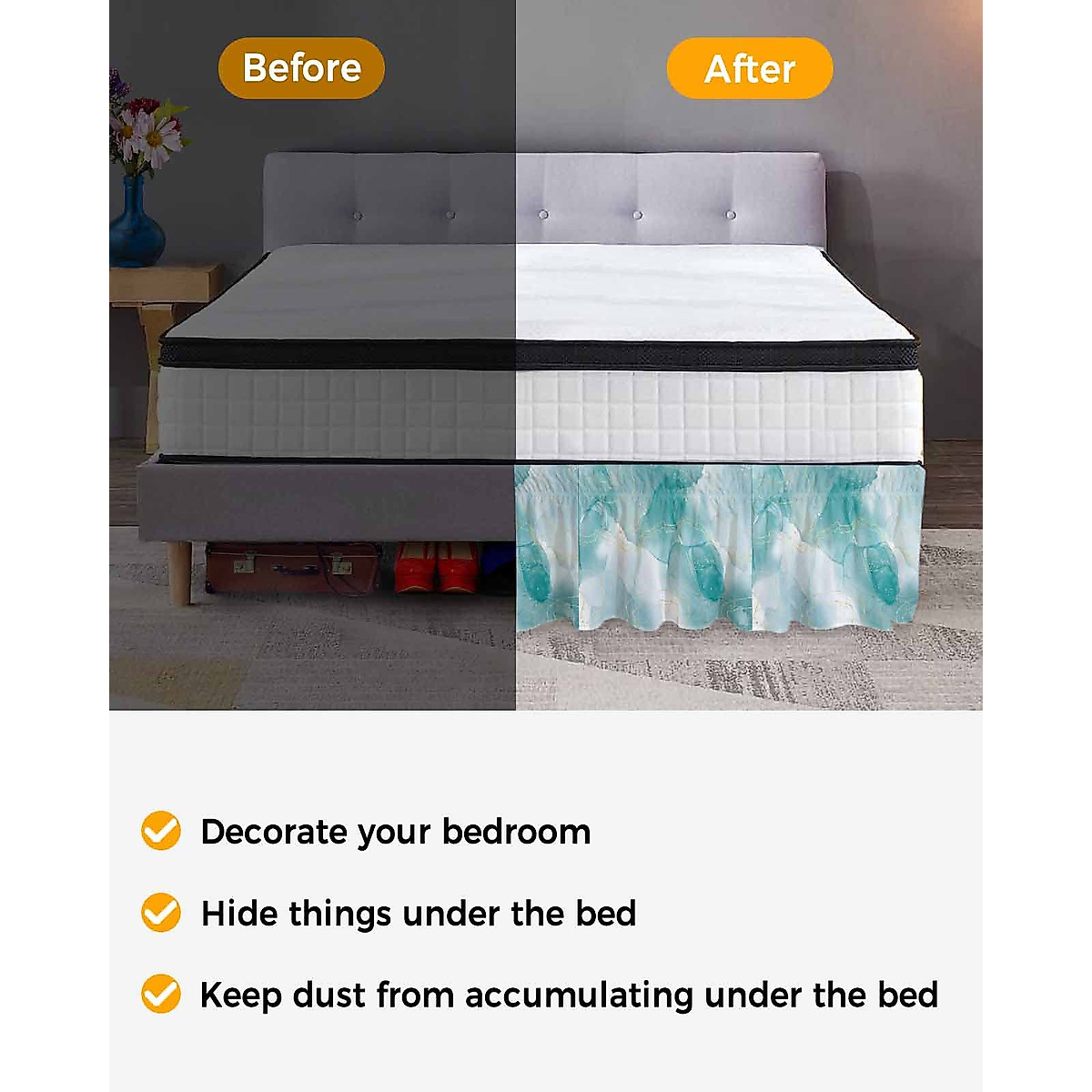 Marble Agate Bed Skirt Queen Size 16 Inch Drop, Adjustable & Elastic Wrap Around Bed Skirts Pleated Luxury Dust Ruffles for Twin Full Queen Cal King Base Bed, Marbling Gold Gradient Aqua Turquoise