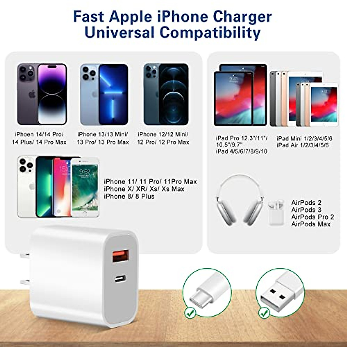 Fast Charger iPhone,Dual Port A/C iPhone Charger Fast Charging Adapter[Apple MFi Certified]2Pack Quick Double iPhone Wall Charger Block 10FT USBC to Lightning Cable for iPhone 14/13/12/11/ProMax/XS/XR