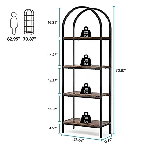 LITTLE TREE 4-Tier Arched Bookshelf, Tall Open Bookcase Storage Shelves, Wood Metal Freestanding Display Rack Tall Shelving Unit for Home Office, Bedroom, Living Room, Rustic Brown