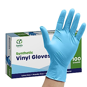 Comfy Package [100 Count Synthetic Vinyl Gloves, Blend Disposable Gloves, Powder & Latex Free, Plastic Non-Sterile Gloves - X-Large