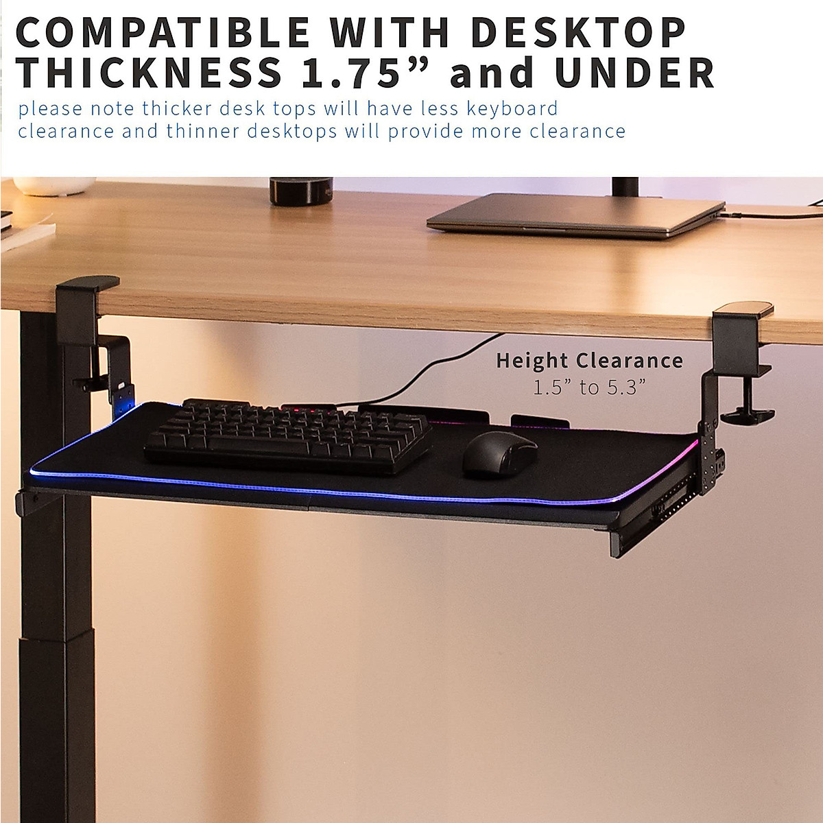 VIVO Large Height Adjustable Under Desk Keyboard Tray with RGB LED Light Mouse Pad, C-clamp Mount, 27 (33 Including Clamps) x 11 inch Slide-Out Platform Computer Drawer for Typing, Black, MOUNT-KB05GP
