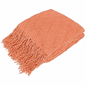 PAVILIA Coral Orange Knit Throw Blanket for Couch Bed, Soft Knitted Farmhouse Sofa Throw for Living Room, Lightweight Decorative Fall Throw Blanket for Chair, Outdoor Textured Boho Blanket, 50x60