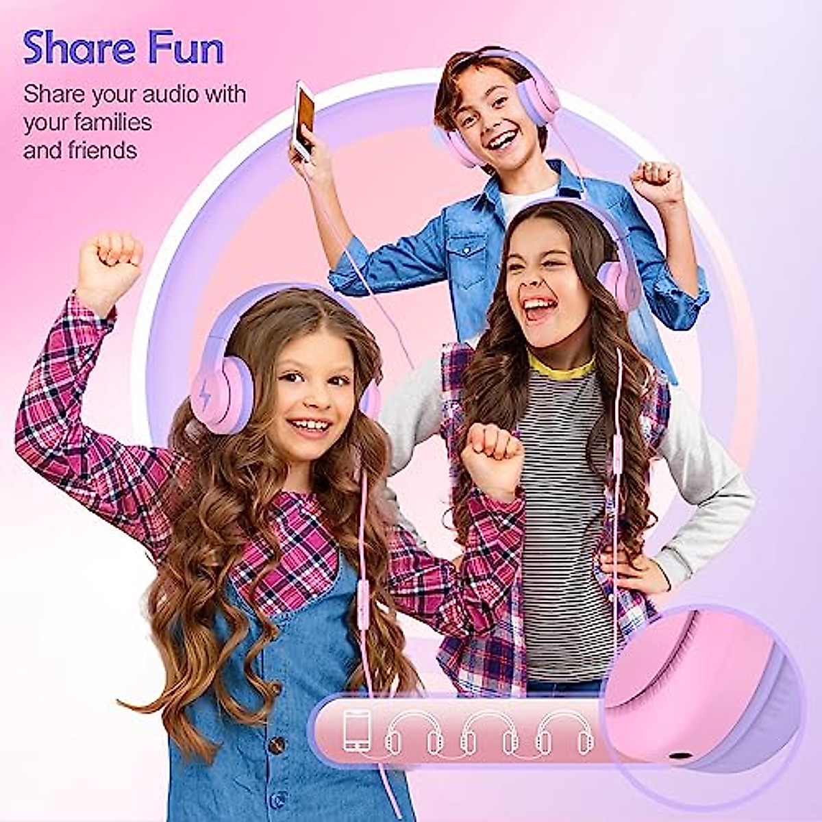 Candy Bila Kids Headphones, Wired Headphones for Kids with Microphone, 85/94dB Volume Limiter Headphones for Girls Boys with Sharing Jack, Foldable Headphones for Online Study, Gradient Red