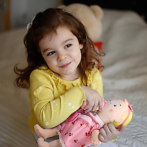 GAGAKU Lovely Baby Doll 12 inch, Soft Plush Doll for Girls Stuffed Huggable Doll Rag Cuddly Doll with Magic Magnetic Pacifier Simulated Baby Bottle for Kids