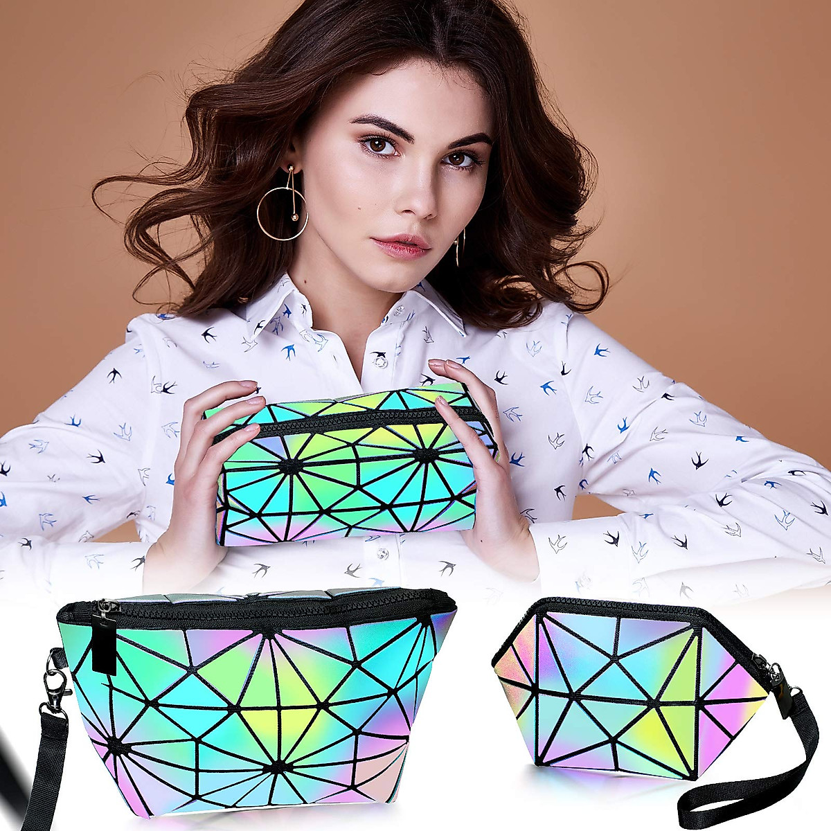 Weewooday 3 Pieces Makeup Bags for Women, Portable Travel Cosmetic Bag Organizer Case with Wrist Strap Toiletry Bags Holographic Luminous Geometric and Reflective Foldable Makeup Bags