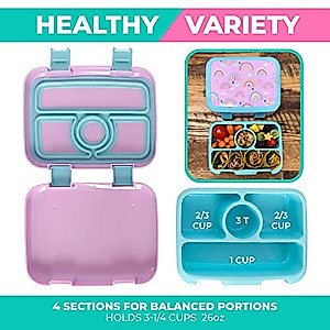 Kids Bento Lunch Box, Meal Prep Containers: Reusable, Leakproof Container Lunch Boxes For Kids & Adults Lunches, 4 Compartment - School, Daycare, Portion Control Container Utensils Purple Rainbow