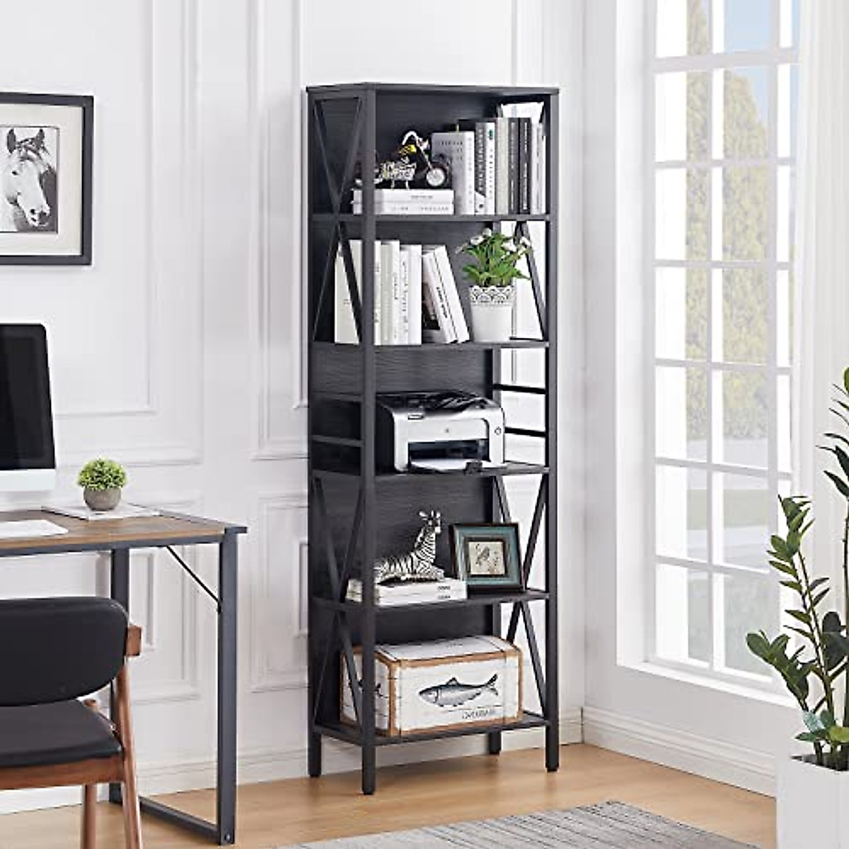 HOMISSUE Bookshelf, 6-Tier Bookshelf, Rustic Wood Metal Bookshelves and Bookcases, Freestanding Open Book Shelf, Industrial Tall Bookcase for Home Office, Living Room and Bedroom, Vintage Grey