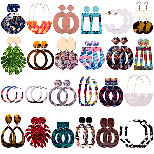 Duufin 24 Pairs Mottled Acrylic Earrings Resin Drop Dangle Earring Hoop Statement Earrings Polygonal Bohemian Fashion Jewelry Earrings for Women