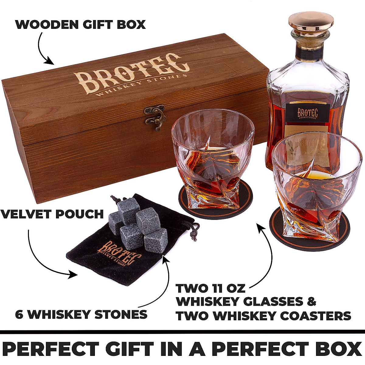 Whiskey Glass Set of 2 - Whyskey Rocks Chilling Stones & 2 Bourbon Glasses For Men or Women - Large 10oz No Lead Crystal Whiskey Glass And Stone Set - Premium Glassware in Wooden Box