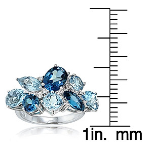 Ice Gems Sterling Silver Genuine London Blue, Blue Topaz, and White Topaz Cluster Tonal Ring
