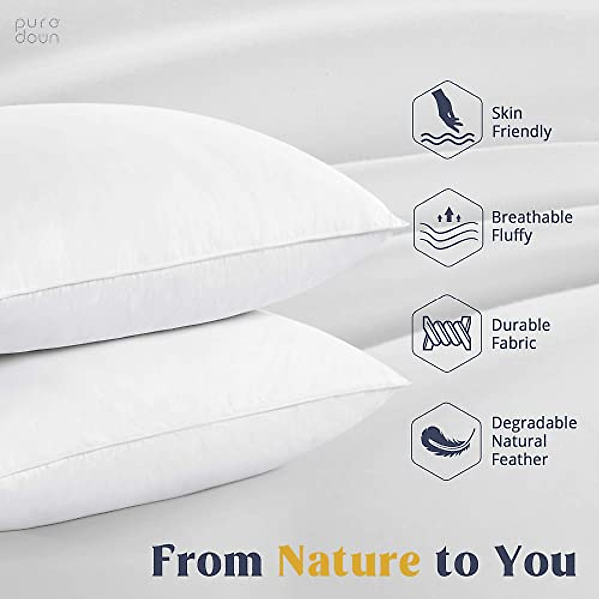 puredown Goose Down Feather White Pillow Inserts, 100% Cotton Fabric Cover Bed Pillows, Set of 2 Standard Size