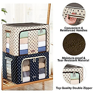 Oxford Fabric Storage Box with Steel Frame,Foldable Stackable Container Organizer with Large Window & Carry Handles Bedroom Closet Organization for Clothes Bedding Sheets Blanket Pillow Brown-66L