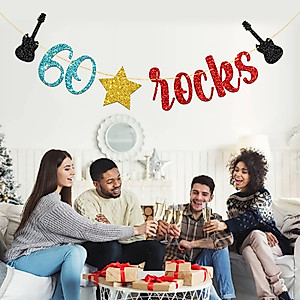 WeBenison 60 Rocks Birthday Banner Rock and Roll Music Theme 60th Birthday Banner / 60's Rock Guitar Birthday Party Decorations Glitter (60)