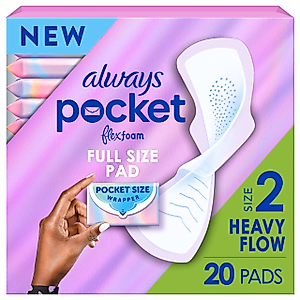 Always Pocket Feminine Pads for Women with FlexFoam, Size 2, Heavy Flow, with Wings, Unscented, 20 Count