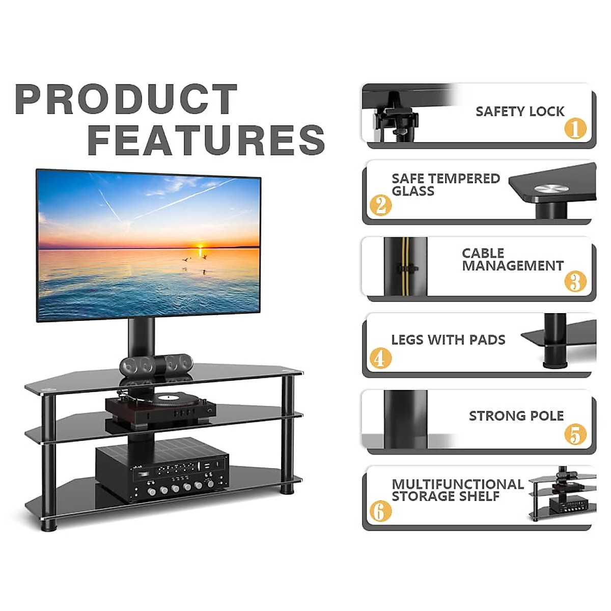 Swivel Floor TV Stand for 32-70 Inch TVs - Universal Height Adjustable TV Floor Stand with Shelves Perfect for Bedroom and Corner, TV Mount Stand VESA 600x400mm Holds up to 88lbs, Black