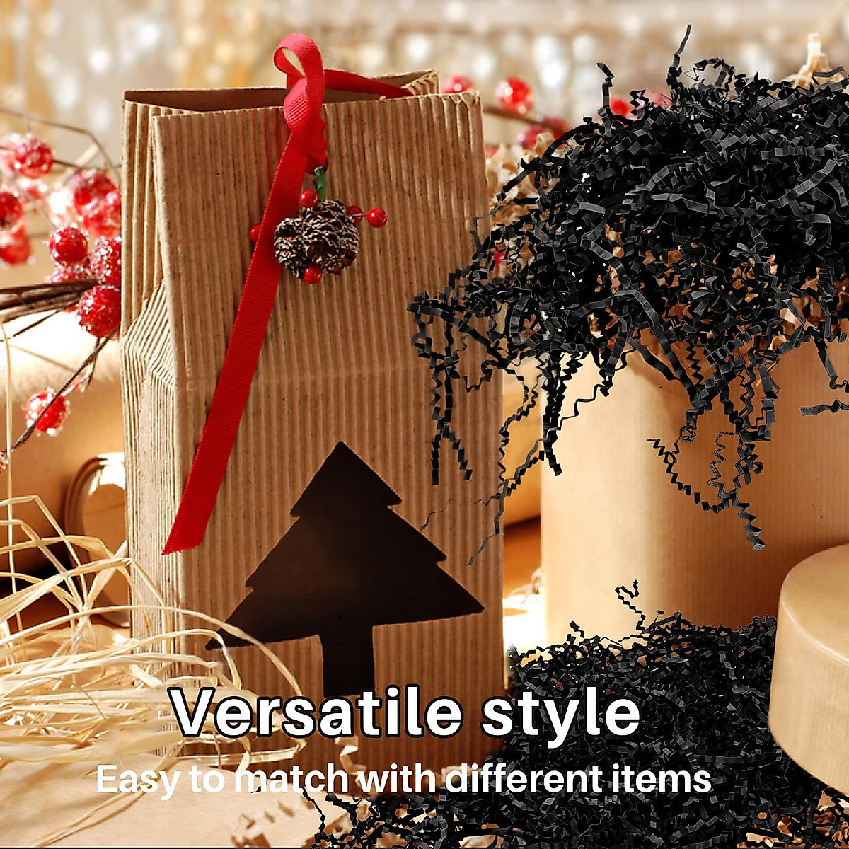 4.9OZ Sukh Crinkle Cut Paper -Reusable Paper Shred Filler as Confetti Paper Stuffing Baskets Filler for Cute Easter Wedding Birthday Decorative Craft Box Bags Wrapping Supplies（Black）