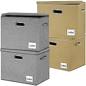 LHZK 4Pack Extra Large Storage Bins with Lids 16x12x12 Foldable Linen Fabric Storage Boxes with Lids, Decorative Fabric Storage Bins with Label & 3 Handles for Shelves Bedroom Home Office (Grey,Beige)