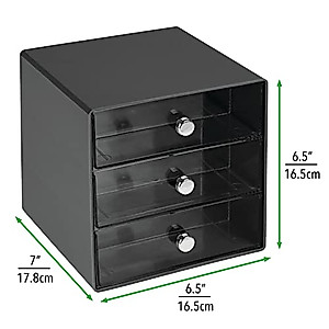 mDesign Stackable Plastic Eye Glass Storage Organizer Box Holder for Sunglasses, Reading Glasses, Lens Cleaning Cloths, and Accessories - 3 Divided Drawers, Chrome Pulls - Black/Clear